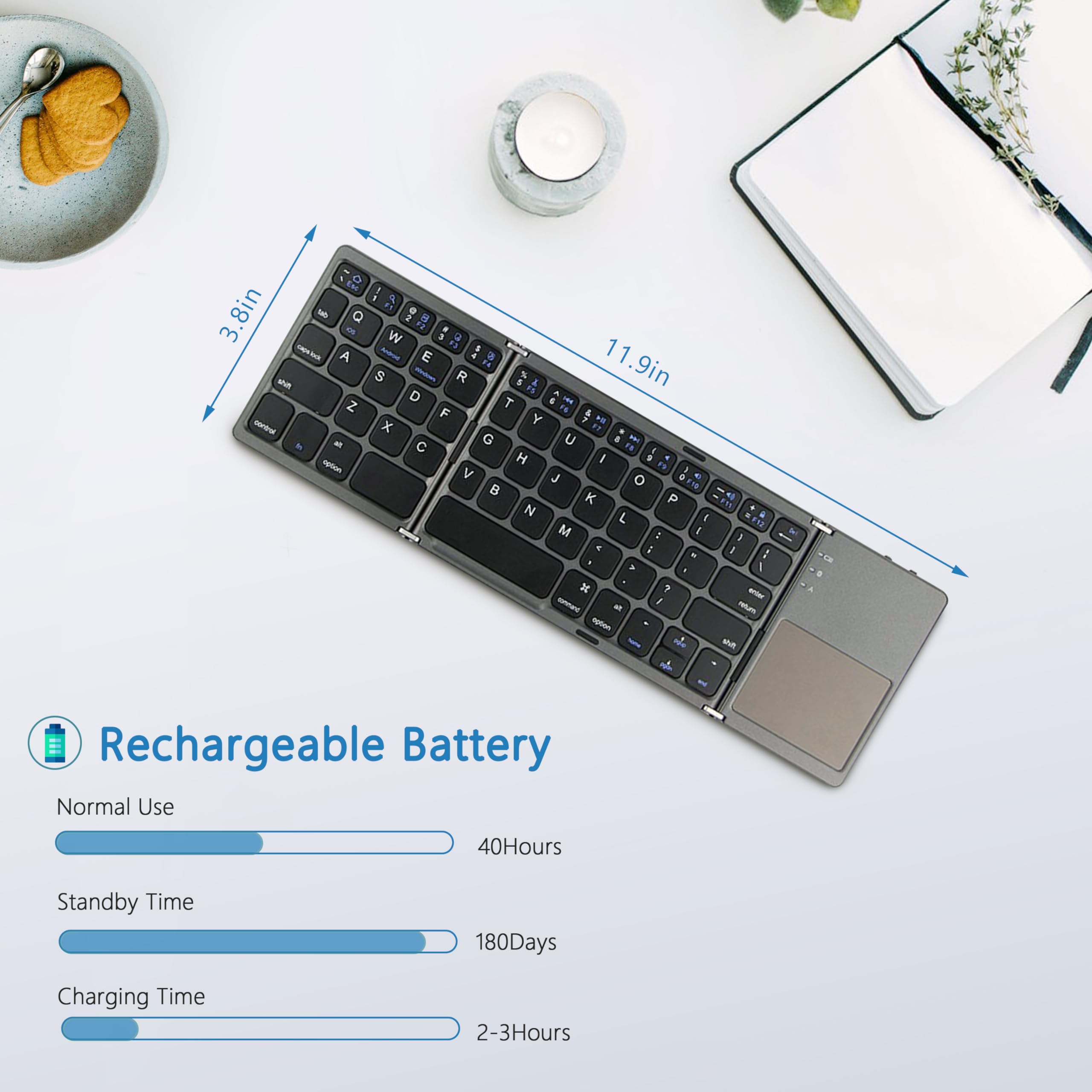 Acoucou Foldable Bluetooth Keyboard, Wireless Bluetooth Keyboard with Touchpad, Pocket Size USB Rechargeable Bluetooth Keyboard Compatible with iOS, Windows, Android Smartphones, Tablets, Laptops etc