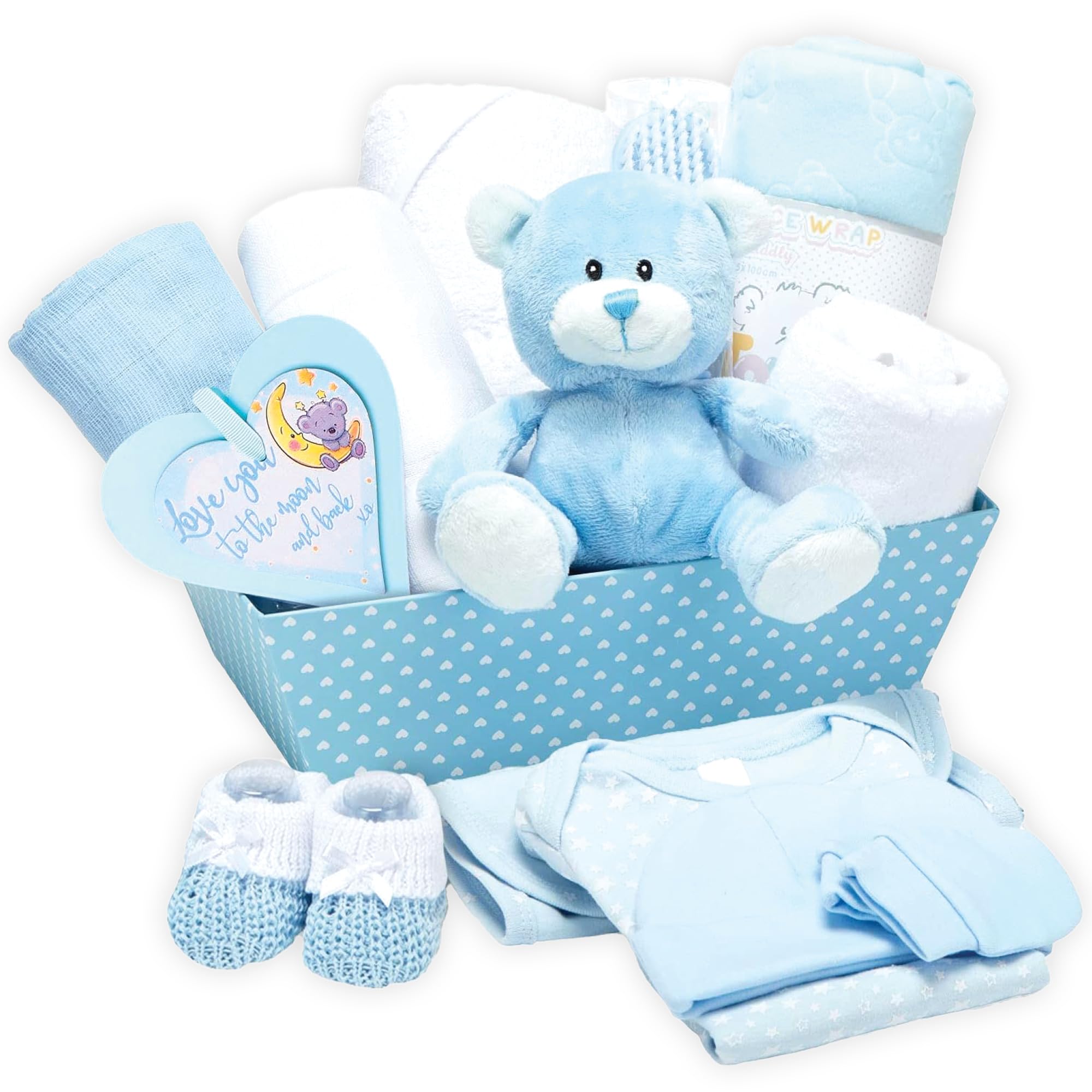 Baby Box Shop Boy - 14 pcs New Baby Essentials for Newborn Gifts - Newborn Baby Boy Gifts Set, Baby Boy Hampers Gift Baskets for Newborn Boy Gifts - New Born Baby Boys Gift - Blue