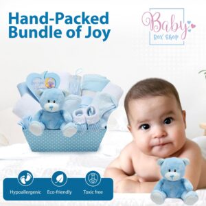 Baby Box Shop Boy - 14 pcs New Baby Essentials for Newborn Gifts - Newborn Baby Boy Gifts Set, Baby Boy Hampers Gift Baskets for Newborn Boy Gifts - New Born Baby Boys Gift - Blue