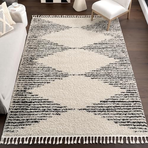 nuLOOM Bria Moroccan Shag Tasseled Area Rug - 2x3 Accent Shag Rug Modern/Contemporary Off-White/Charcoal Rugs for Living Room Bedroom Dining Room Nursery Entryway