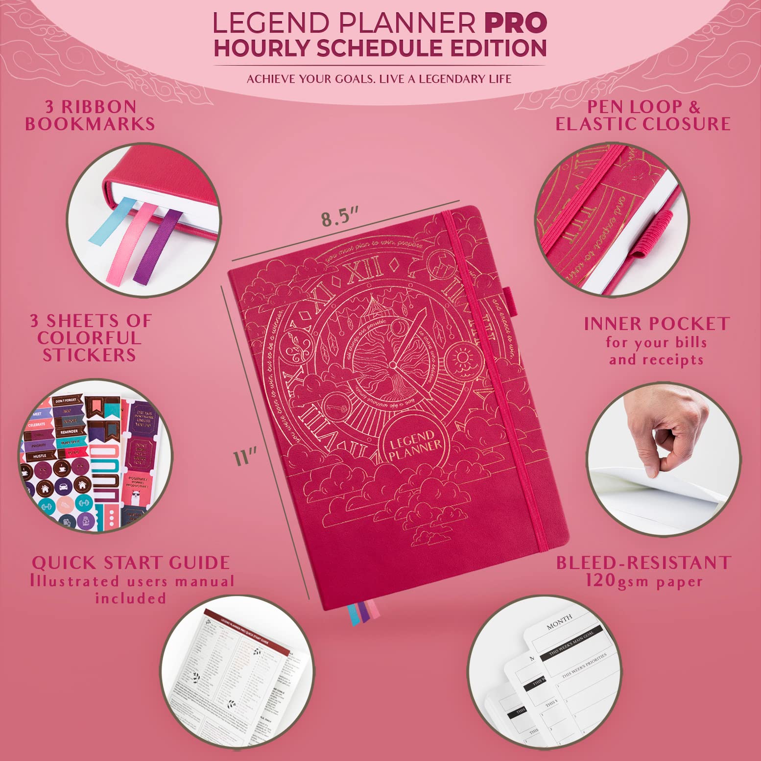 Legend Planner PRO Hourly Schedule - Weekly & Daily Organizer with Time Slots. Appointment Book Journal for Work & Personal, A4 (Hot Pink)