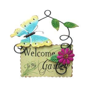 e-view metal welcome sign rustic wall hanging plaque - decorative welcome flower signs for porch front door farmhouse home decoration garden themed wreath ornament (green)