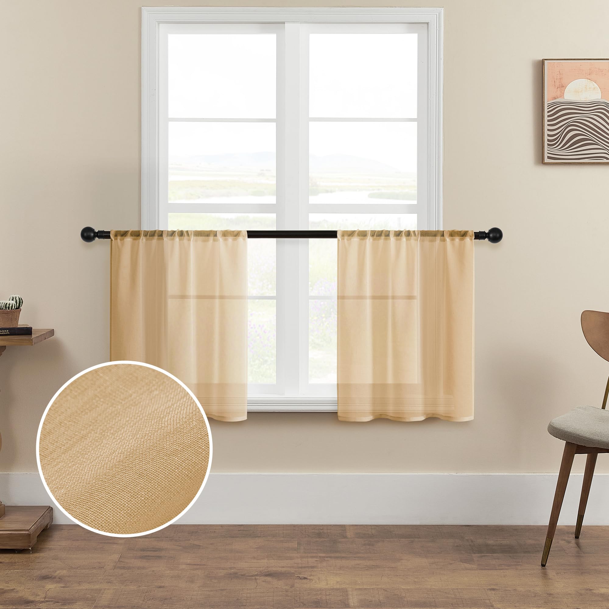 MRTREES Tier Curtains 30 inches Long Short Sheer Curtain Kitchen Tiers Bathroom Small Curtain Panels Transparent Light Filtering Cafe Curtains Rod Pocket Window Treatment 2 Panels Sandy Beige