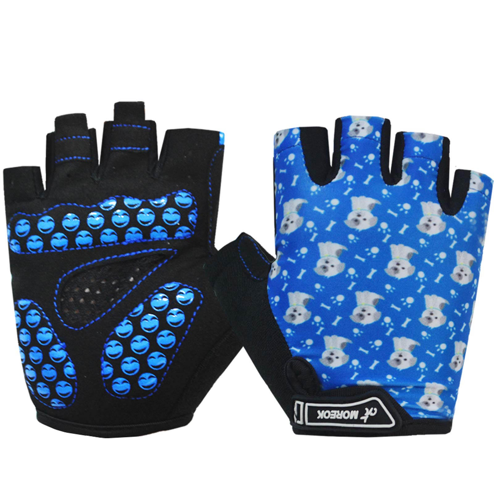 MOREOK Kids Cycling Gloves,Gel Padding Bicycle Half Finger Pair Dog Bars, Fit Boy Girl Youth Age 2-11, Outdoor Sport Road Mountain Bike Gloves Blue-S