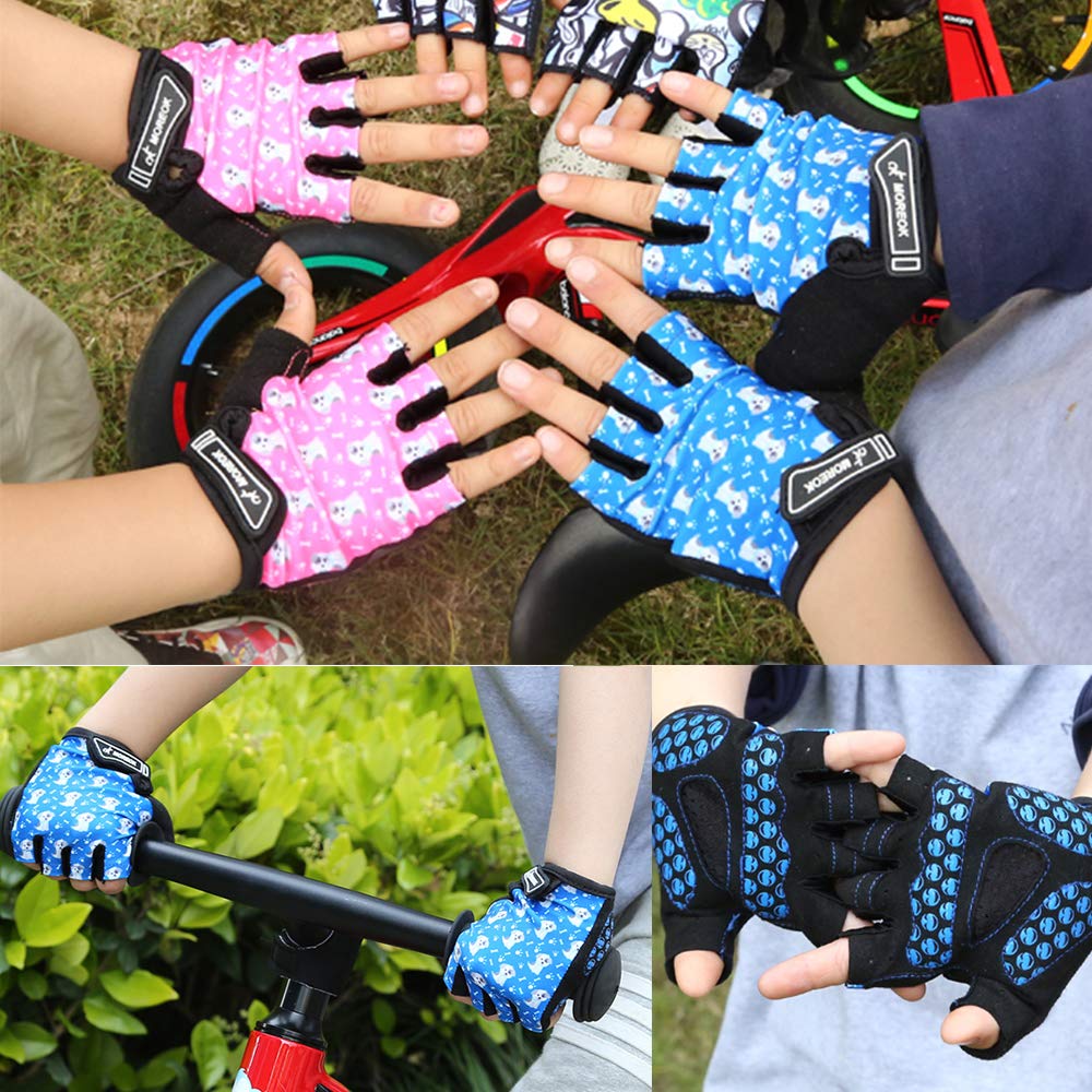 MOREOK Kids Cycling Gloves,Gel Padding Bicycle Half Finger Pair Dog Bars, Fit Boy Girl Youth Age 2-11, Outdoor Sport Road Mountain Bike Gloves Blue-S