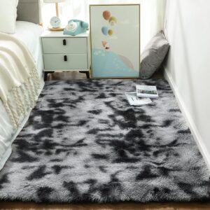 ophanie tie dye black and grey area rugs for bedroom living room, fluffy shag fuzzy carpet, plush shaggy rug, 4x6 indoor carpet for kids boys dorm home decor aesthetic, nursery