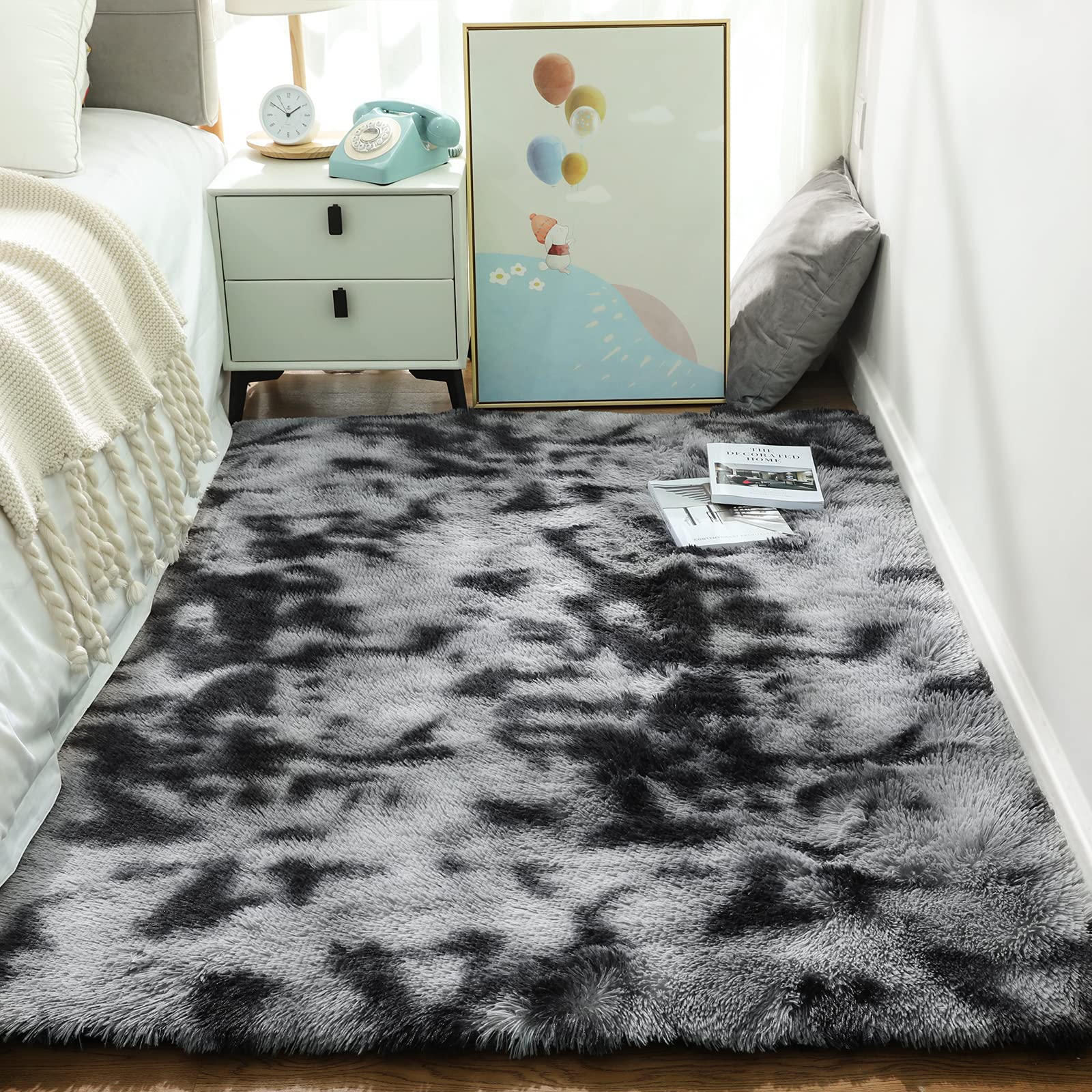 Ophanie Tie Dye Black and Grey Area Rugs for Bedroom Living Room, Fluffy Shag Fuzzy Carpet, Plush Shaggy Rug, 4x6 Indoor Carpet for Kids Boys Dorm Home Decor Aesthetic, Nursery