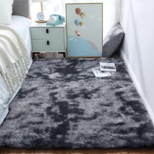 Ophanie Tie Dye Black and Grey Area Rugs for Bedroom Living Room, Fluffy Shag Fuzzy Carpet, Plush Shaggy Rug, 4x6 Indoor Carpet for Kids Boys Dorm Home Decor Aesthetic, Nursery