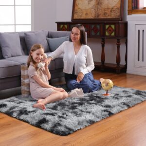 Ophanie Tie Dye Black and Grey Area Rugs for Bedroom Living Room, Fluffy Shag Fuzzy Carpet, Plush Shaggy Rug, 4x6 Indoor Carpet for Kids Boys Dorm Home Decor Aesthetic, Nursery