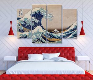 the great wave off kanagawa canvas wall art framed print -various sizes ("4 piece" large)