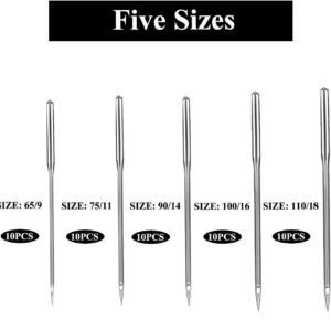 PECULA Sewing Machine Needles, 50 Count, Universal Regular Point for Singer, Brother, Janome, Varmax, Sizes HAX1 65/9, 75/11, 90/14, 100/16, 110/18