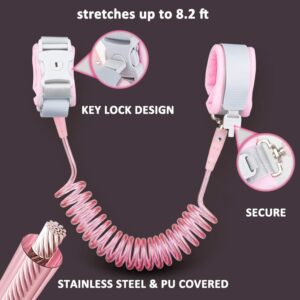 Anti Lost Wrist Link (8.2ft), Socub Toddler Leash Wrist for Kids Child Safety with Key Lock, 2 Pack, Pink and Blue