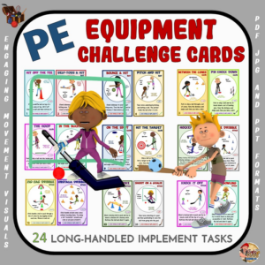 pe equipment challenge cards: 24 long handled implement tasks- great for distance learning