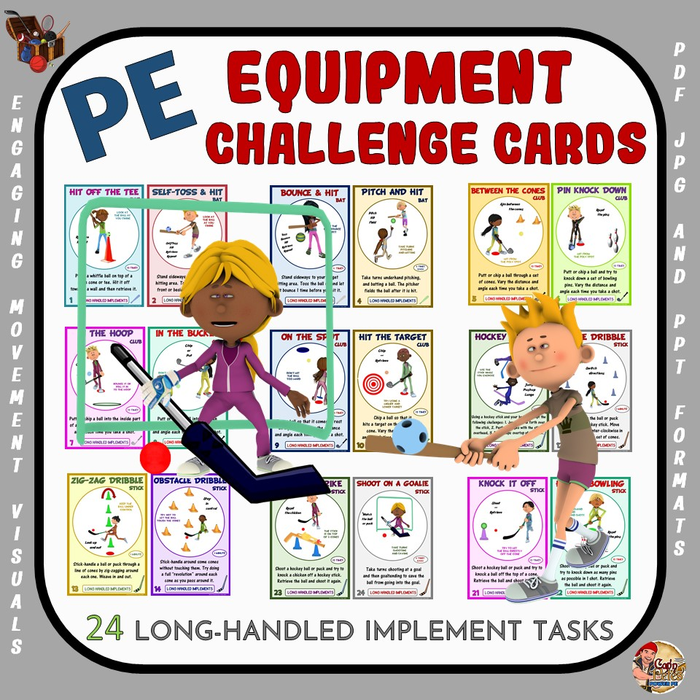 PE Equipment Challenge Cards: 24 Long Handled Implement Tasks- Great for Distance Learning