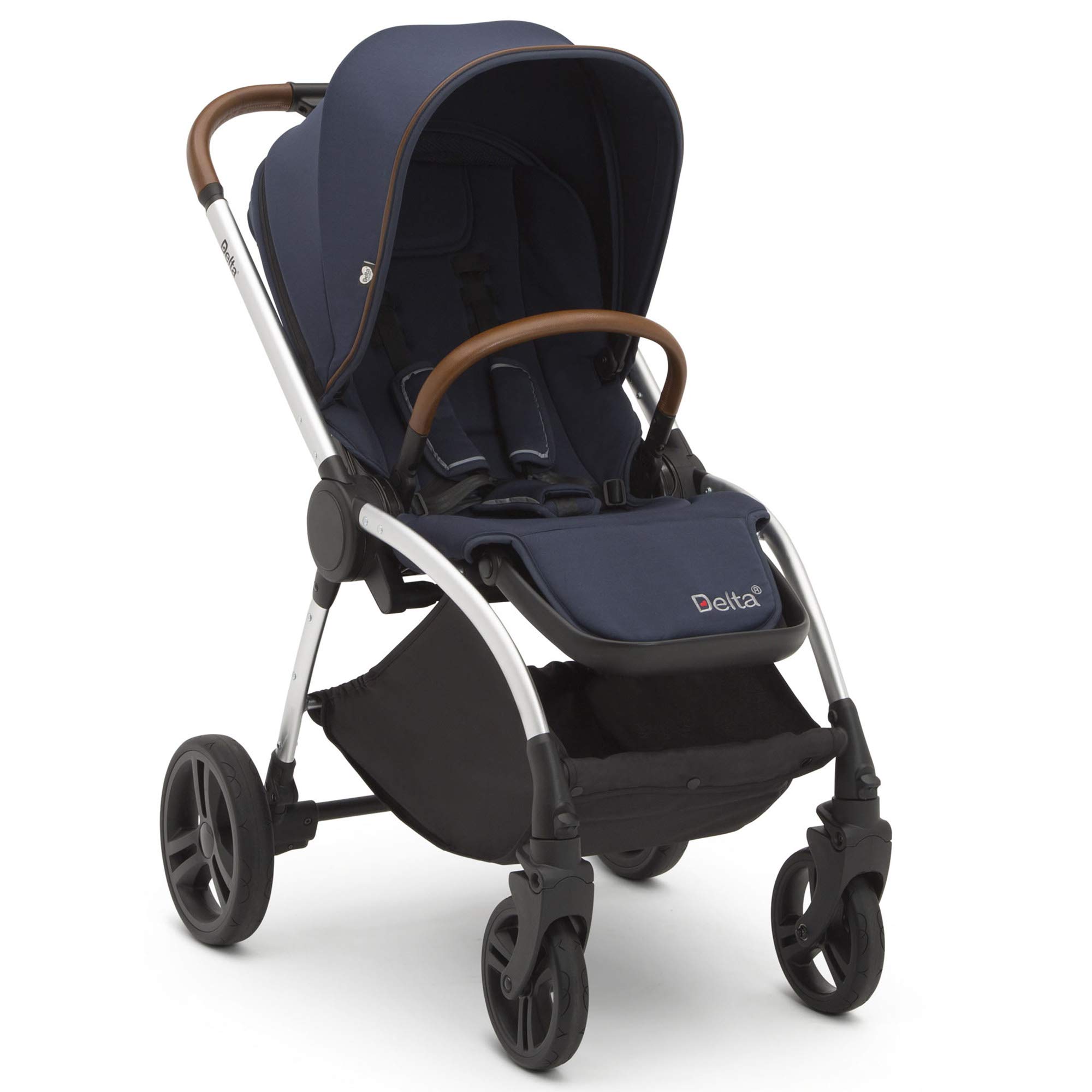 Delta Children Revolve Reversible Stroller, Navy - Leather Handlebar; One Hand Easy Fold; Lightweight Shock-Absorbing Frame; Reclining Seat and Adjustable Footrest