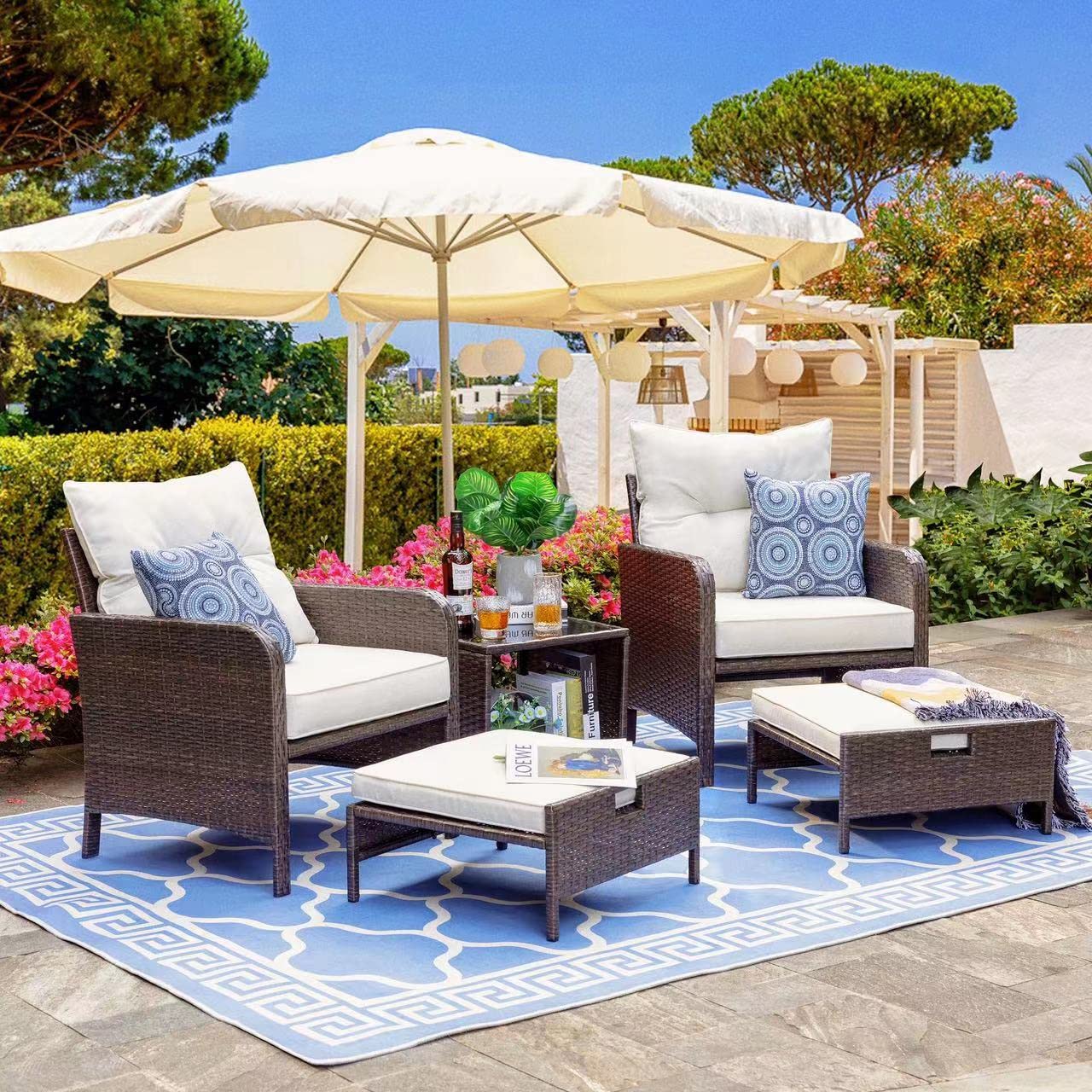 Shintenchi Outdoor Furniture 5 Pieces Set,All Weather PE Wicker Rattan Patio Conversation Set with Cushioned Patio Chairs, Ottoman Set,Glass Side Table for Lawn Pool Balcony