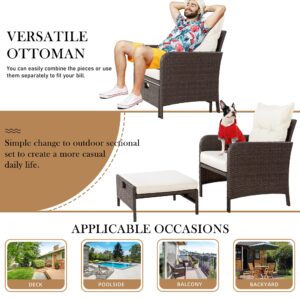 Shintenchi Outdoor Furniture 5 Pieces Set,All Weather PE Wicker Rattan Patio Conversation Set with Cushioned Patio Chairs, Ottoman Set,Glass Side Table for Lawn Pool Balcony