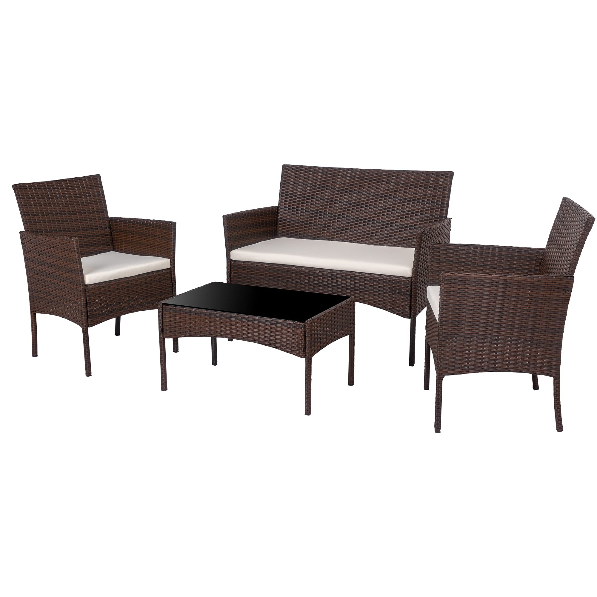 Shintenchi 4 Piece Outdoor Patio Furniture Sets, Small Wicker Patio Conversation Furniture Rattan Chair Set with Tempered Glass Coffee Table For Backyard Porch Garden Poolside Balcony, Brown