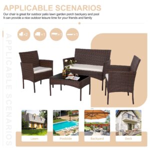 Shintenchi 4 Piece Outdoor Patio Furniture Sets, Small Wicker Patio Conversation Furniture Rattan Chair Set with Tempered Glass Coffee Table For Backyard Porch Garden Poolside Balcony, Brown