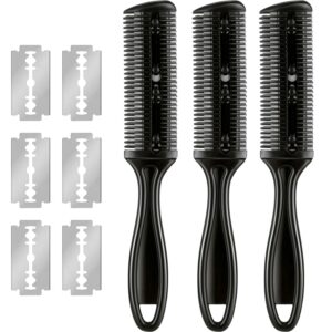 3 pieces razor comb with 10 pieces razors, hair cutter comb cutting scissors, double edge razor, hair thinning comb slim haircuts cutting tool (black)