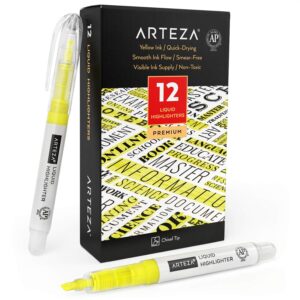 arteza liquid highlighter pens, set of 12, narrow chisel tip, bulk pack of yellow highlighters, office supplies for bullet journal, notes, or books