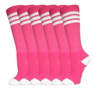 3 pairs of judanzy knee high boys or girls stripe tube socks for soccer, basketball, uniform and everyday wear (6-10 years, hot pink with white stripes (3 pairs))