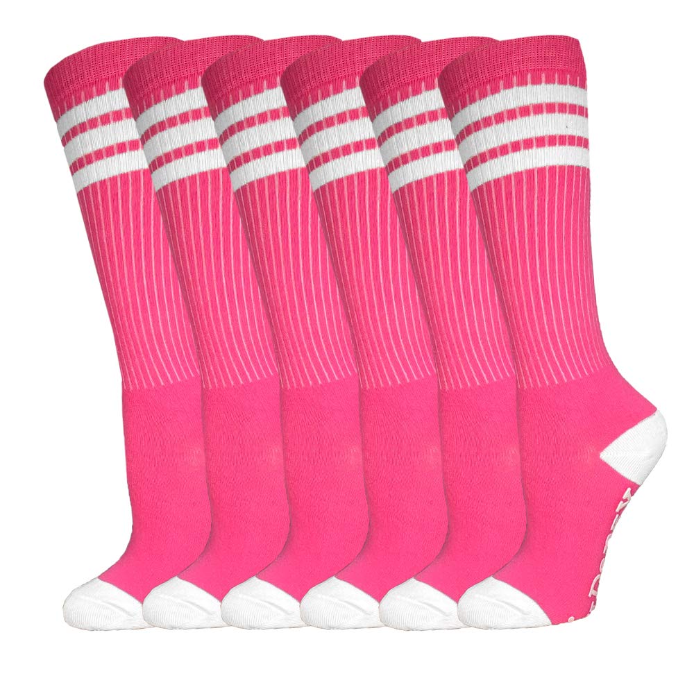 3 Pairs of juDanzy Knee High Boys or Girls Stripe Tube Socks for Soccer, Basketball, Uniform and Everyday Wear (6-10 Years, Hot Pink With White Stripes (3 Pairs))