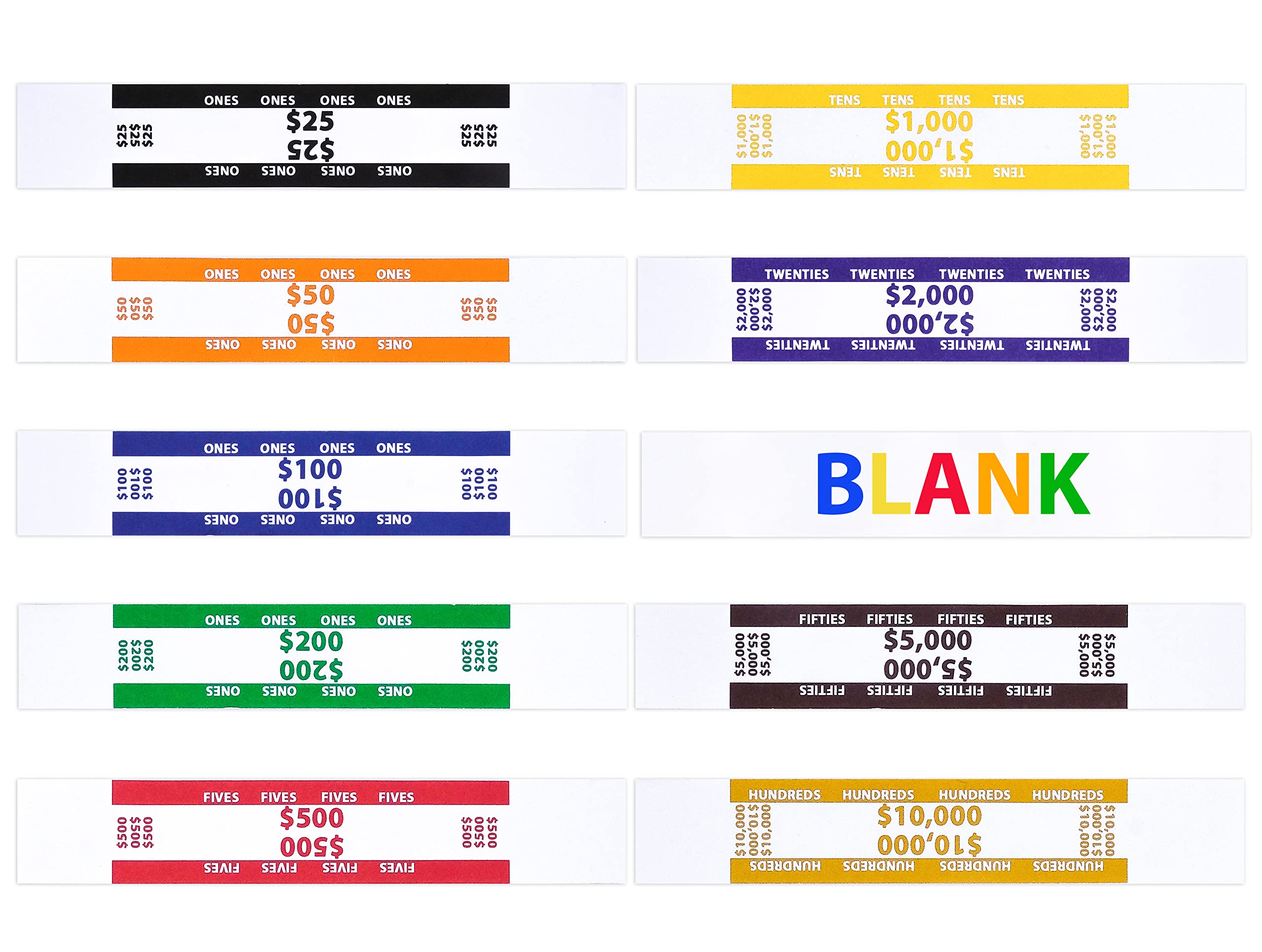 Money Bands - 400 Pack Currency Straps - Vibrant Colors Coded Bank Standard Money Wrappers with Self Sealing - 10 Different Denominations Including Blank Money Straps 7.50 x 1.25 Inches (400 Pack)