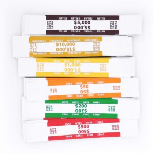 Money Bands - 400 Pack Currency Straps - Vibrant Colors Coded Bank Standard Money Wrappers with Self Sealing - 10 Different Denominations Including Blank Money Straps 7.50 x 1.25 Inches (400 Pack)