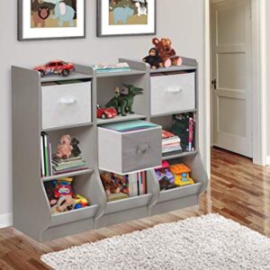 Badger Basket Kid's Upright Toy and Book Storage Nook with Reversible Fabric Basket - Woodgrain Gray