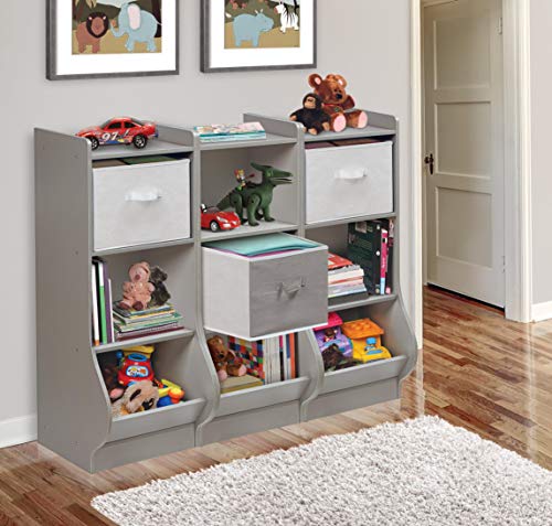 Badger Basket Kid's Upright Toy and Book Storage Nook with Reversible Fabric Basket - Woodgrain Gray