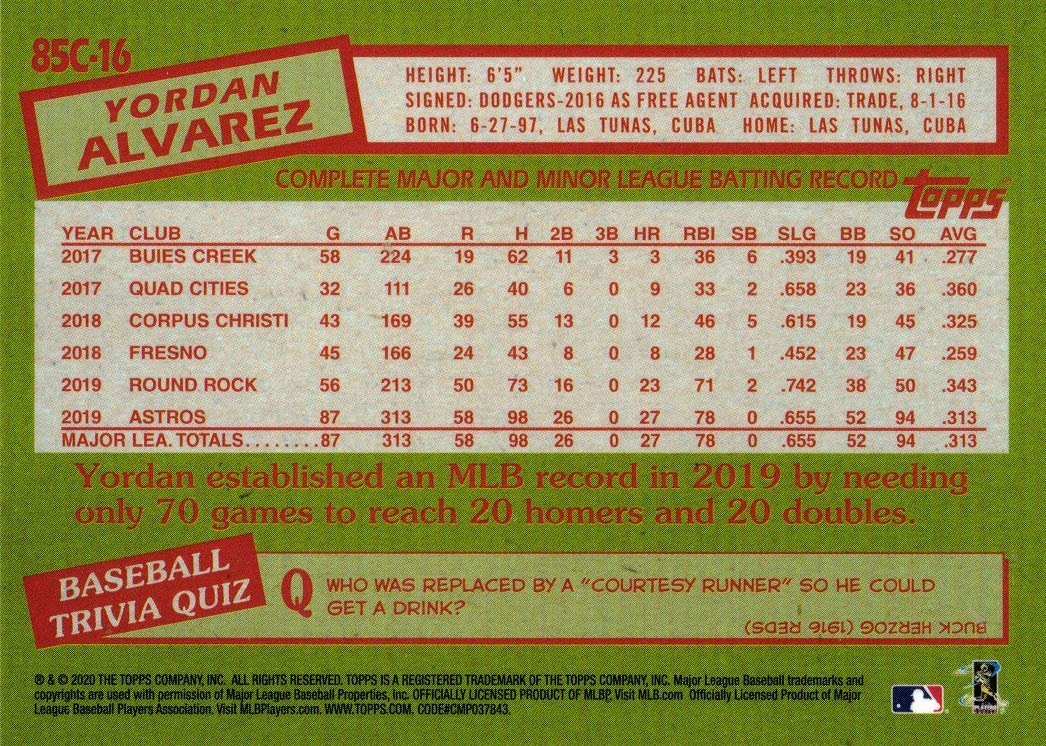 2020 Topps 1985 Silver Chrome Baseball #85C-16 Yordan Alvarez Rookie Card