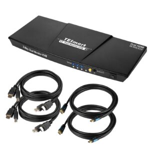 tesmart dual monitor 2-port kvm switch for 2 computers and 2 monitors, 2x2 hdmi + hdmi kvm switch 4k@60hz uhd with 2 pieces of 1.5m hdmi kvm cables, audio output and usb release