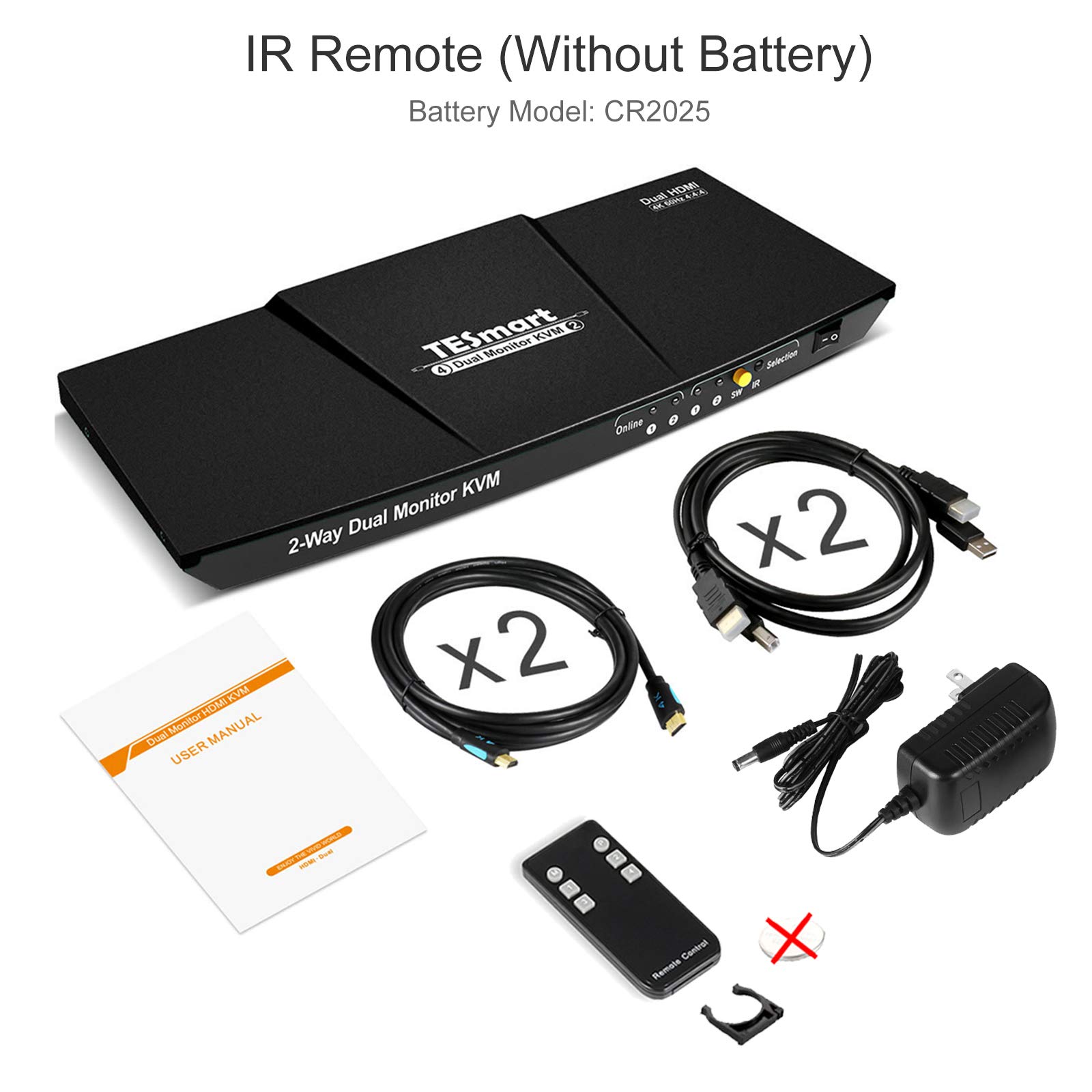 TESmart Dual Monitor 2-Port KVM Switch for 2 computers and 2 monitors, 2x2 HDMI + HDMI KVM Switch 4K@60Hz UHD with 2 Pieces of 1.5m HDMI KVM Cables, Audio Output and USB Release