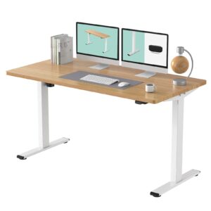 flexispot electric standing desk whole piece 55 x 28 inch desktop adjustable height desk home office computer workstation sit stand up desk (white frame + 55" maple top, 2 packages)