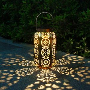 newvivid solar lights outdoor metal solar lantern outdoor hanging retro decorative lanterns with durable handle solar powered waterproof led table lanterns lighting for yard patio 1 pc bronze