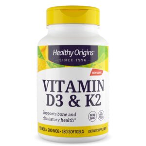 healthy origins vitamin d3 & k2 - vitamin d3, 50 mcg - vitamin k2, 200 mcg - easily absorbable vitamin d & vitamin k supplements - non-gmo & gluten-free supplements - 180 softgels