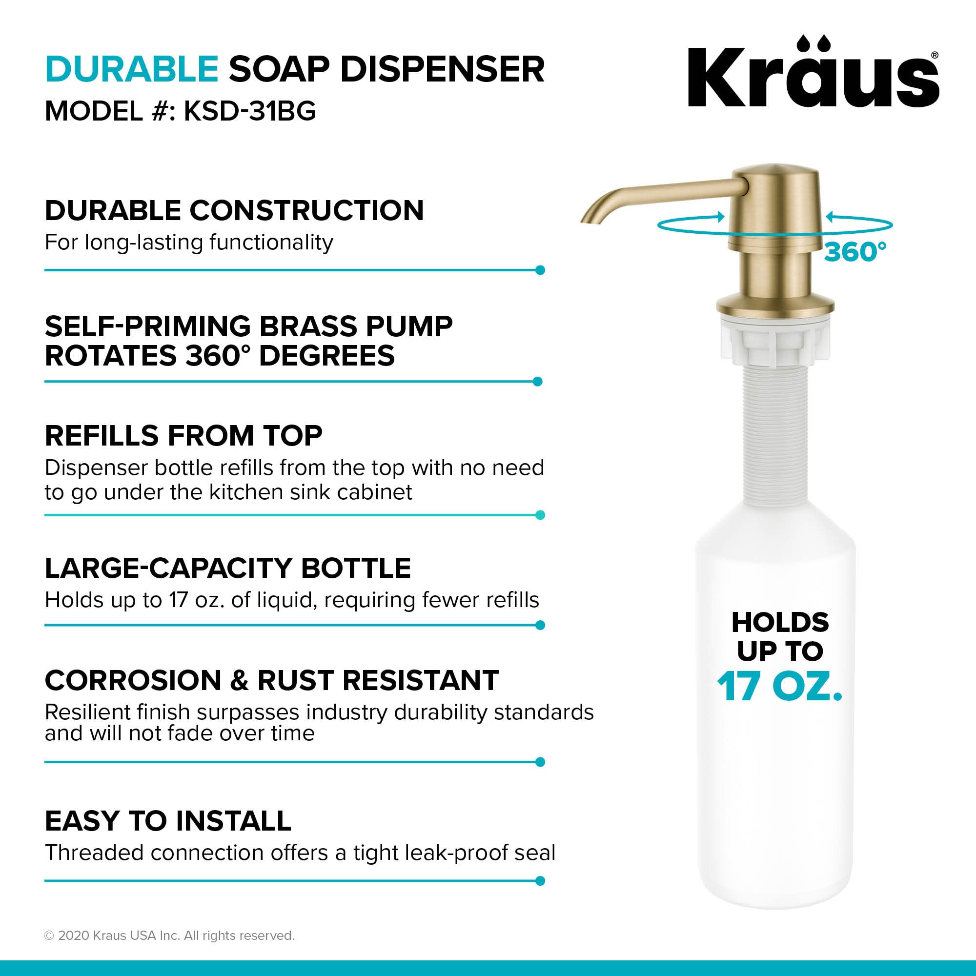 KRAUS Kitchen Soap and Lotion Dispenser in Brushed Gold, KSD-31BG