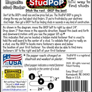 StudPoP Grip Magnetic Stud Finder. Finds Metal Fasteners Holding The Wall Board to The Studs. 3/4" diam Moving Magnet Gives an Audible Click and Visual Movement When Fastener is Found.