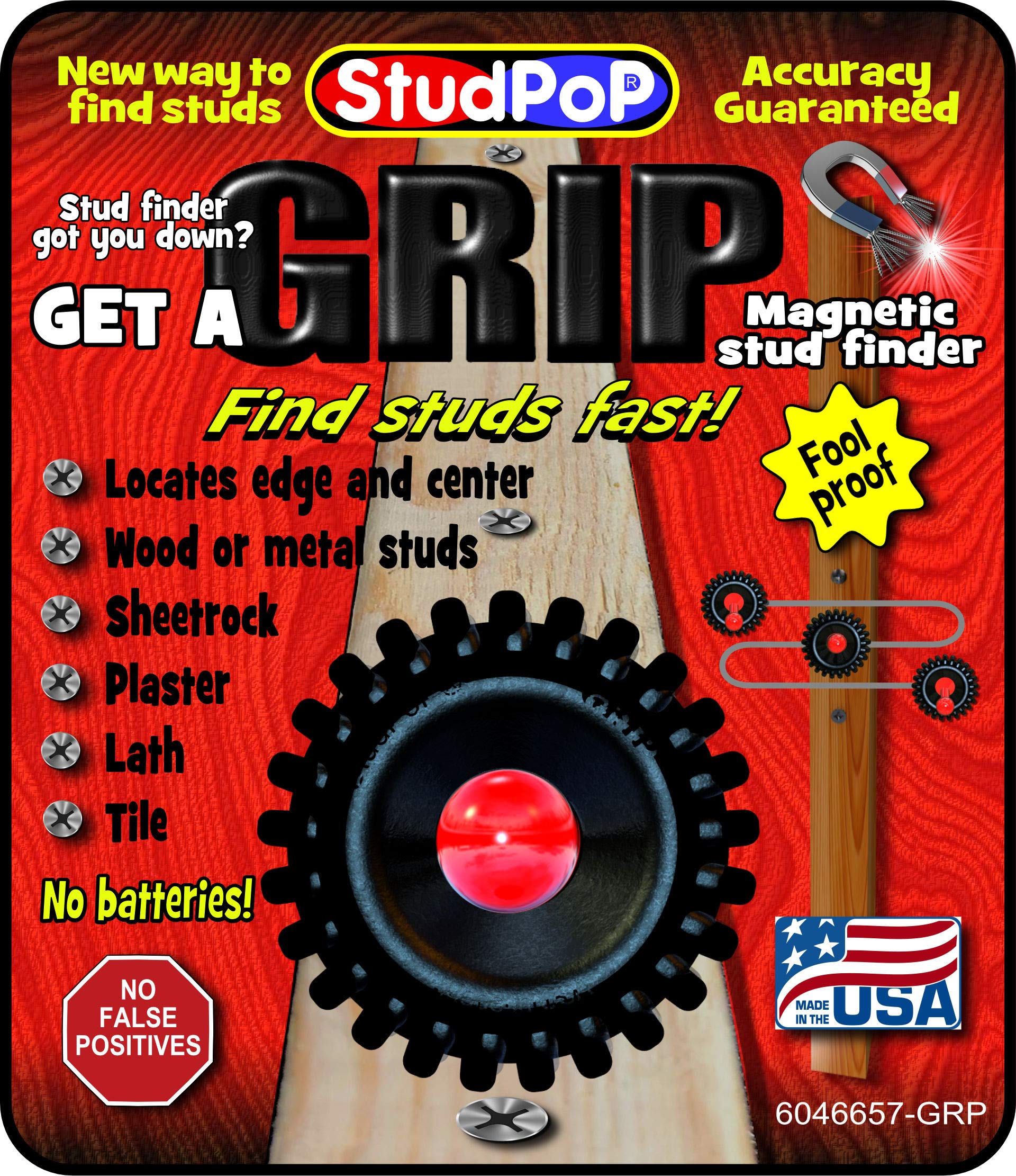 StudPoP Grip Magnetic Stud Finder. Finds Metal Fasteners Holding The Wall Board to The Studs. 3/4" diam Moving Magnet Gives an Audible Click and Visual Movement When Fastener is Found.