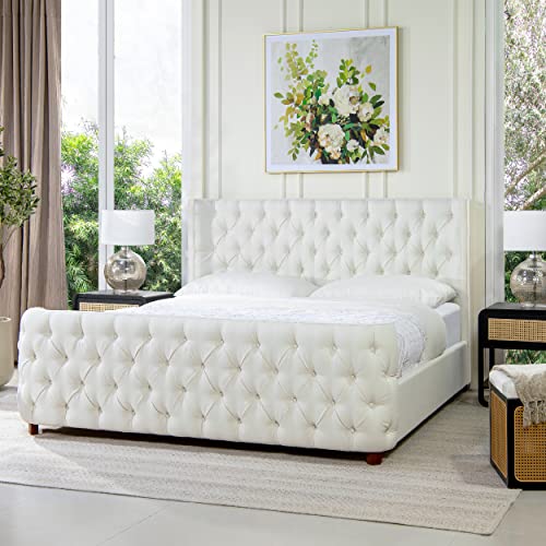 Jennifer Taylor Home Harmonie Queen Tufted Panel Bed Headboard and Footboard Set, Antique White Polyester