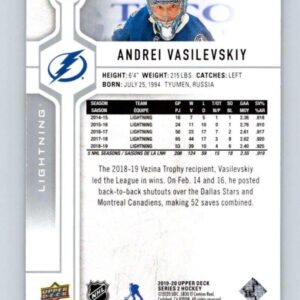 2019-20 Upper Deck #272 Andrei Vasilevskiy Tampa Bay Lightning Hockey Card