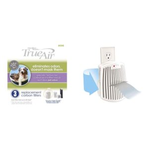 hamilton beach trueair replacement carbon filter, 3-pack (04234g) trueair plug-mount odor eliminator with carbon filter + green mountain scent cartridge, on/off fan (04530gm)