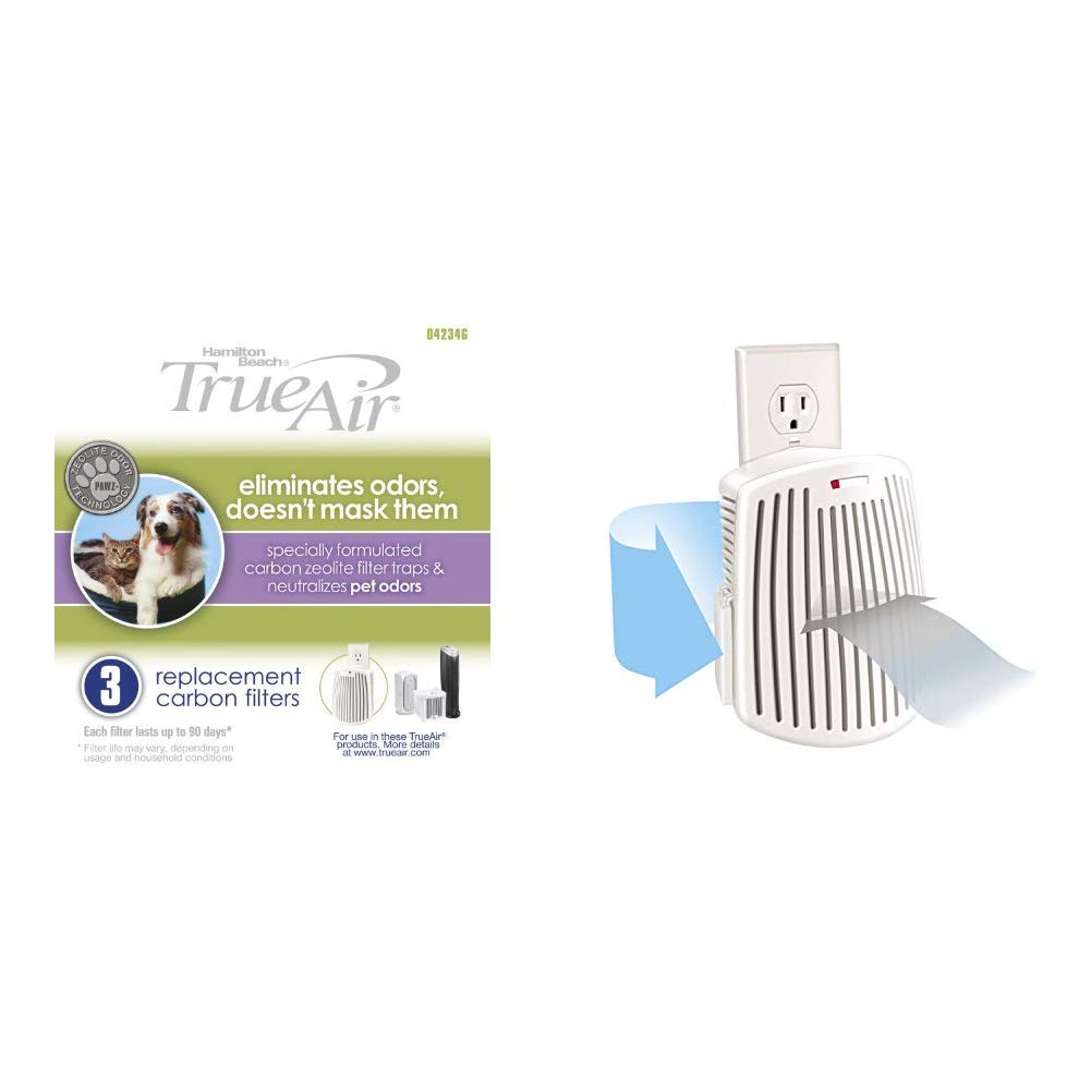 Hamilton Beach TrueAir Replacement Carbon Filter, 3-Pack (04234G) TrueAir Plug-Mount Odor Eliminator with Carbon Filter + Green Mountain Scent Cartridge, On/Off Fan (04530GM)