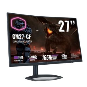 cooler master 27 inch 16:9 curved pc gaming monitor, ultrawide frameless led full hd 1080p curve screen 1500r va panel, hdmi 165hz built-in speakers vesa mounting tilt & swivel adjustment amd freesync