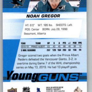 2019-20 Upper Deck Hockey #462 Noah Gregor RC Rookie Card San Jose Sharks Young Guns Official Series Two Trading Card From UD