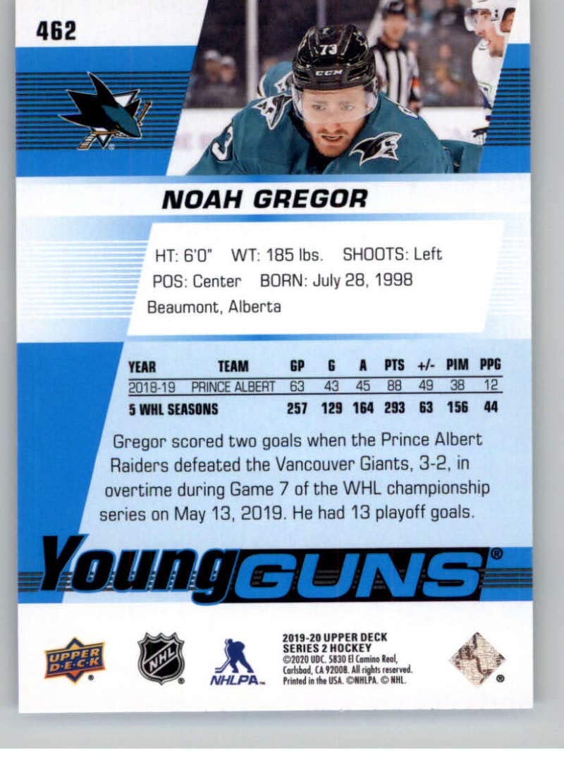 2019-20 Upper Deck Hockey #462 Noah Gregor RC Rookie Card San Jose Sharks Young Guns Official Series Two Trading Card From UD