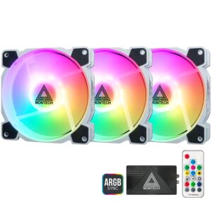 montech z3 pro addressable rgb 120mm fan, 3 pack with lighting controller, pwm control for computer case, argb remote controller, programmable lighting effects, white fan frame