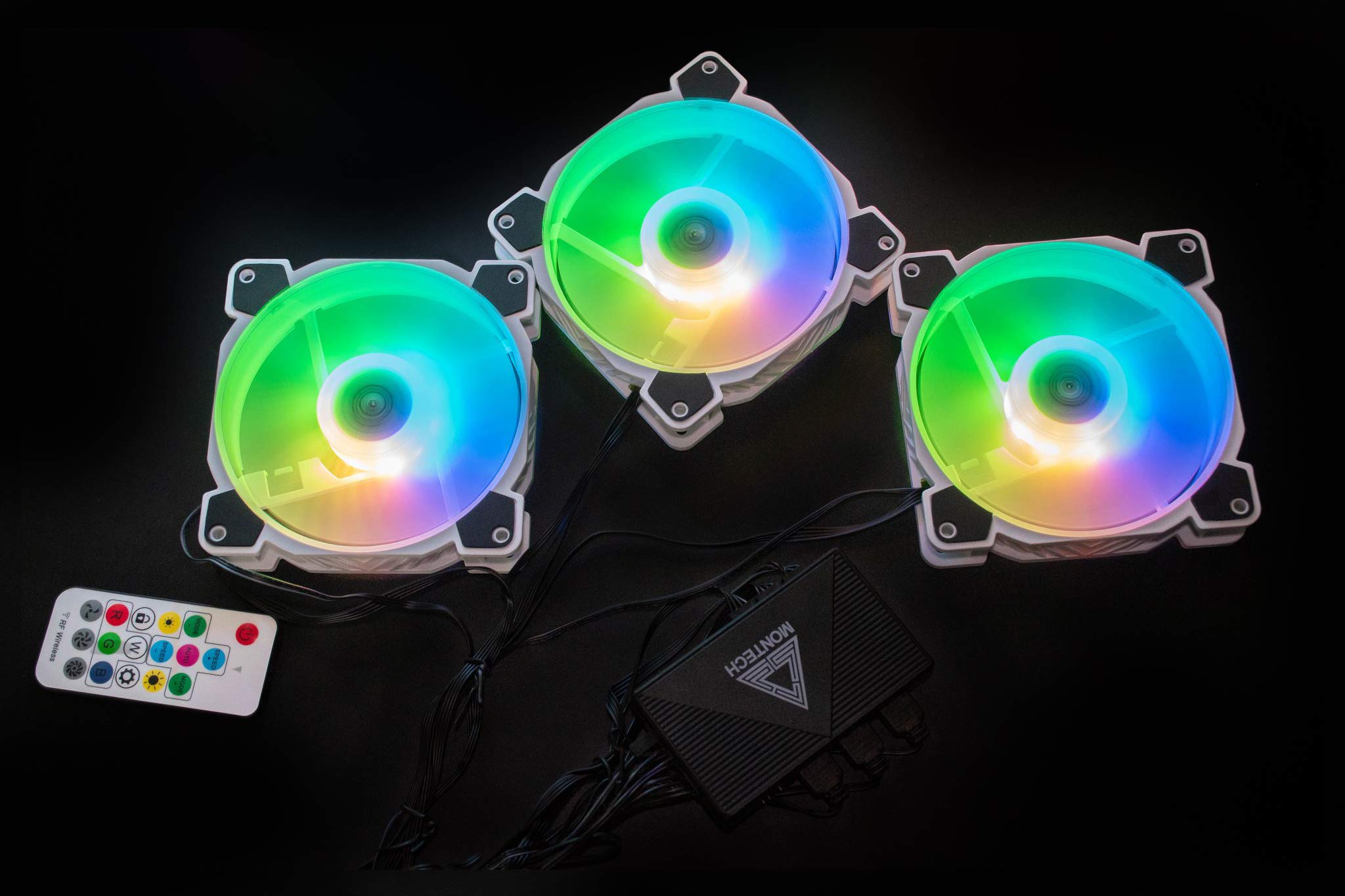 Montech Z3 PRO Addressable RGB 120mm Fan, 3 Pack with Lighting Controller, PWM Control for Computer Case, ARGB Remote Controller, Programmable Lighting Effects, White Fan Frame