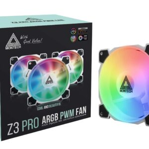 Montech Z3 PRO Addressable RGB 120mm Fan, 3 Pack with Lighting Controller, PWM Control for Computer Case, ARGB Remote Controller, Programmable Lighting Effects, White Fan Frame